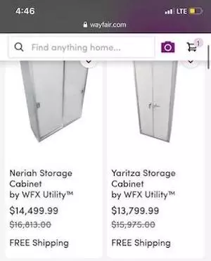 4:46 oal LTE wayfair.com Q Najděte cokoliv domů... Neriah Storage Yaritza Storage Cabinet od WFX UtilityT od WEX Utility TM $ 14 499,99 $ 13 799,9