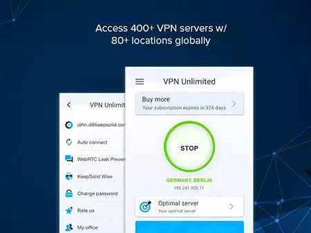 גישה ל-400+ שרתי VPN עם 80+ מיקומים ברחבי העולם VPN Unlimited קנה עוד VPN Lnlimit המנוי שלך יפוג בעוד 324 ימים john.dekeepsolid.cor Autoce