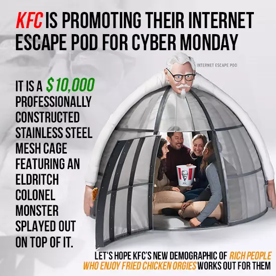 KFC ПРОСЛАЖУЄ СВІЙ INTERNET ESCAPE POD ДЛЯ КІБЕРНЕТ-ПОНЕДІЛЬНЯ ІНТЕРНЕТ ESCAPE POD ЦЕ ПРОФЕСІЙНО ВИСТРОЄНА КЛЕТКА F З НЕРІЖАЮЧІЙ СТАЛЕВІ