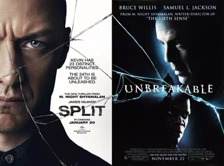 BRUCE WILLIS SAMUEL L. JACKSON VUN M NUCH SHYAMALAN SCHRIFTDIR VUN DER SECHTSTE SINN KEVIN HUET 23 DISTINOT PERSONALITETEN. DEN 24. S IWWERT UIN SINN