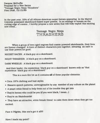 Dwayne MeDufbe Proposal para sa isang Bagong Seres Teenage Negro Ninta Thrashers First Draft. 12/13/89 sa Noong nakaraang 2596 lahat ng lumalabas na Marvel year, ng Afr