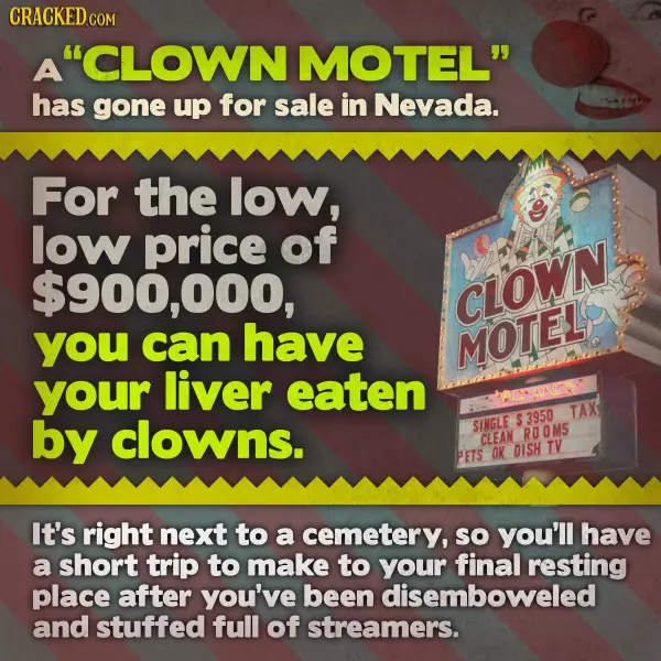 CRACKEDcO COM CLOWN MOTEL s'ha posat a la venda a Nevada. Pel preu baix i baix de 900.000 dòlars, CLOWN, pots menjar el fetge de MOTEL TAX per pallasso