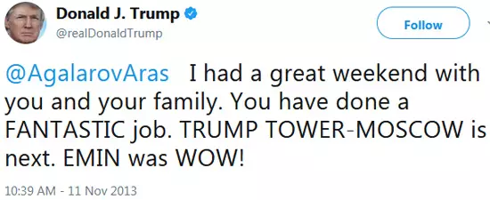 Donald J. Trump Follow @realDonaldTrump @AgalarovAras Naging masaya ako sa katapusan ng linggo kasama ka at ang iyong pamilya. Nakagawa ka ng isang FANTASTIC na trabaho. TRUMP TOWER-MOSCO