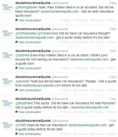 4AutolnsuranceQuote @4insurenet dic 40 nsurance @RollingStone Sì. Paul Walker è morto in un incidente d'auto. ma lui aveva un'assicurazione? 4 autoassicuratore