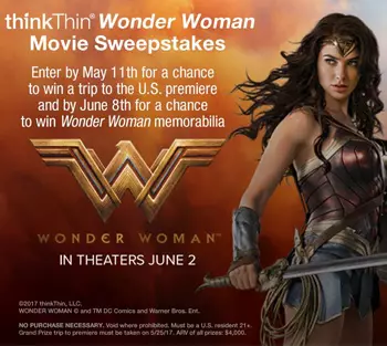 Wonder Woman Movie Sweepstakes သည် US တွင် ပြသမည့် ခရီးစဉ်နှင့် ဇွန်လ 8 ရက်နေ့ နောက်ဆုံးထားပြီး Wonder W ကို ဆွတ်ခူးနိုင်မည့် အခွင့်အရေးအတွက် မေလ 1 ရက်နေ့ နောက်ဆုံးထားပြီး ဝင်ရောက်ယှဉ်ပြိုင်မည် ဖြစ်သည်။