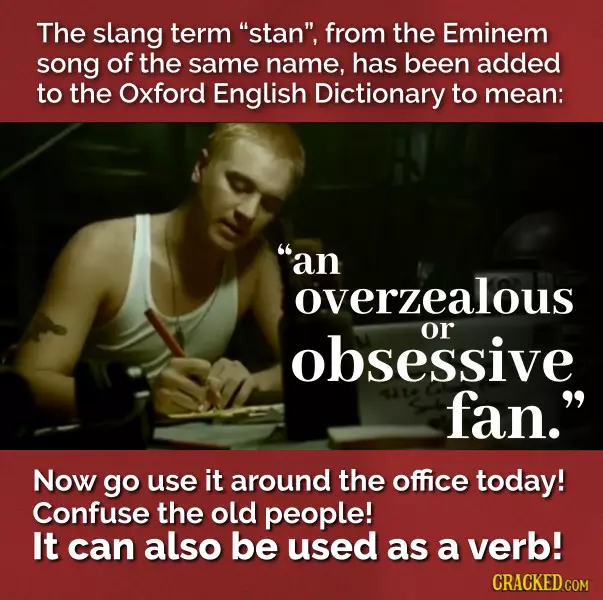 Agbakwunyere okwu slang stan, sitere na egwu Eminem nke otu aha ahụ, na Oxford English Dictionary ka ọ pụtara: oke anụ ọkụ n'obi ma ọ bụ fa.