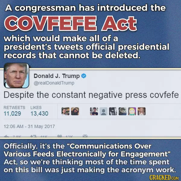 Ua faailoa mai e se sui faipule le COVFEFE Act lea e avea uma ai tweets a le peresitene o faamaumauga aloaia a le peresetene e le mafai ona tapeina. Donald