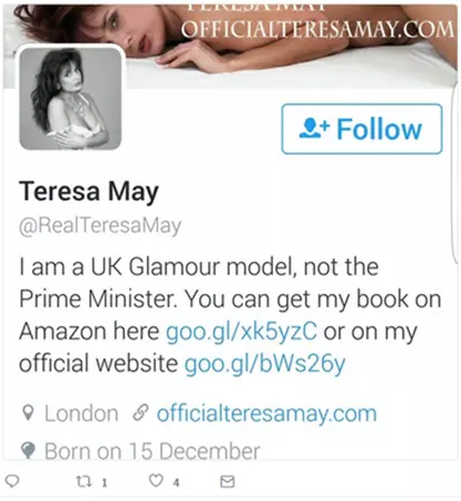 OFFICIAITERESAMAY.COM Ακολουθήστε την Teresa May @RealTeresaMay Είμαι μοντέλο Glamour στο Ηνωμένο Βασίλειο, όχι ο Πρωθυπουργός. Μπορείτε να αποκτήσετε το βιβλίο μου στο Amazon εδώ o.gl/xk5yzC