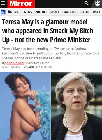 Mirror 3oC VIJESTI POLITIKA SPORT NOGOMET ZVEZNI TV & FI Teresa May je glamur model koji se pojavio u Smack My Bitch Up - a ne nova premijerka