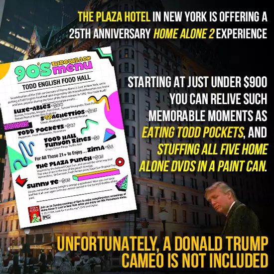 THE PLAZA HOTEL NI NEW YORK N funni ni Ile Ọdun 25 25 NIKAN 2 EXPERIENCE AEROUBAGK 9O'S menu F00D HALL BERE LABE LABE $900 TODD ENGL