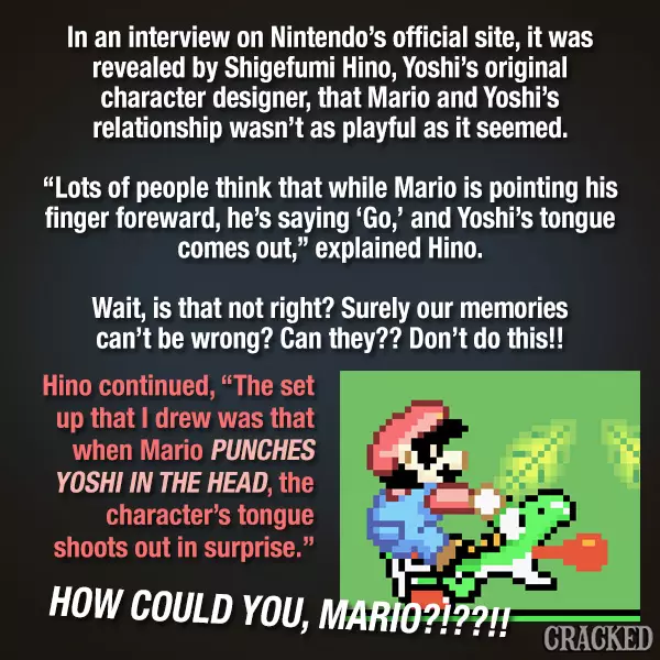 Në një intervistë në faqen zyrtare të Nintendo, u zbulua nga Shigefumi Hino, stilisti origjinal i personazheve të Yoshi, se marrëdhënia e Mario dhe Yoshi