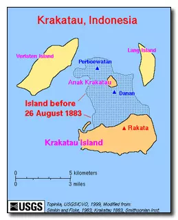 Krakatau, Indonesia Langlstand orlaten Ishand Portopwvatan Anak Krakatau Danan Island before 26 August 1883 A Rakata Krakatau'lsland S klometers 3 mil