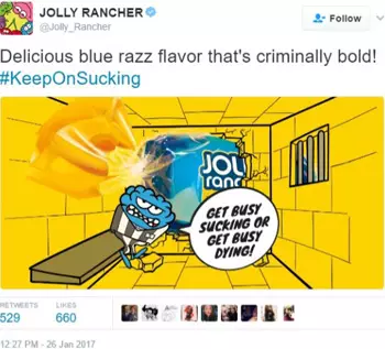 JOLLY RANCHER Segueix a Olly Rancher Un deliciós sabor blau razz que és criminalment atrevit! #KeepOnSucking JOL rant OBTENU-SE O XUPEU OBTENEU-SE OCUPAT DRING! TAETE