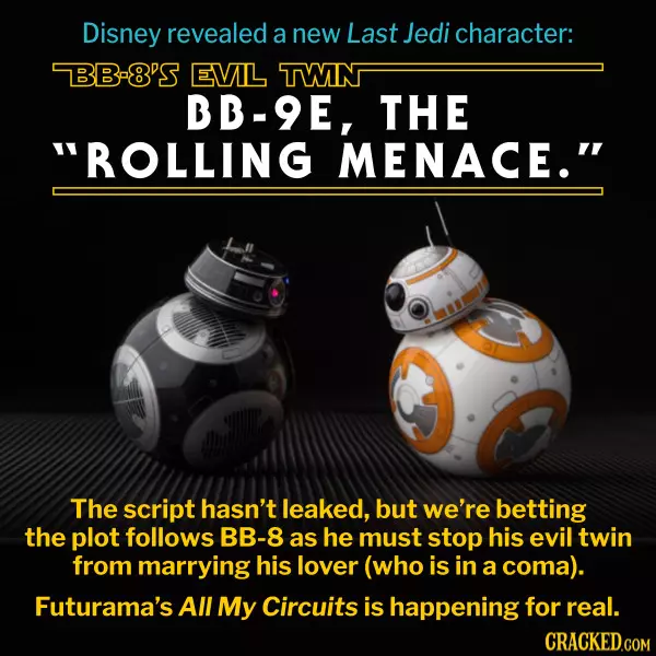 كشفت ديزني عن شخصية Last Jedi الجديدة: BB-8'S EVIL TWN BB-9E ، THE ROLLING MENACE. لم يتم تسريب النص ، لكننا نراهن على أن الحبكة تتبع B