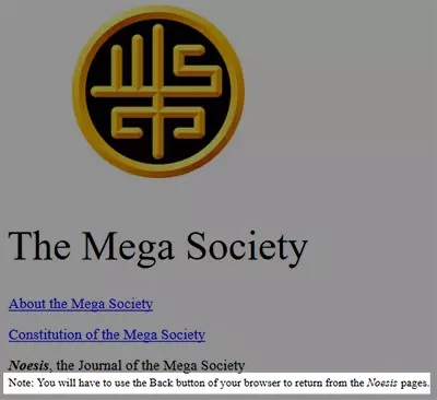 ME The Mega Society เกี่ยวกับ Mega Society Constitution of the Mega Society Noesis the Journal of the Mega Society หมายเหตุ: คุณจะต้องใช้ Bac