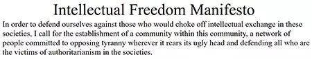 คำประกาศอิสรภาพทางปัญญา เพื่อป้องกันตนเองจากผู้ที่ขัดขวางการแลกเปลี่ยนทางปัญญาในสังคมเหล่านี้ ฉันเรียกหา