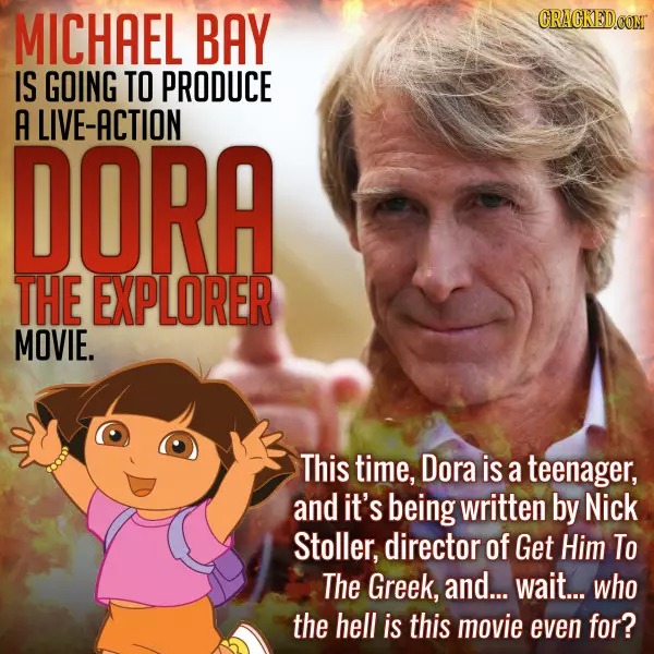 MICHAEL BAY-K DORA THE EXPLORER FILMAREN ZUZENEKO EKINTZA BAT EKOIZTUKO DU. Oraingoan, Dora nerabea da, eta Nick Stoller zuzendariak idatzi du