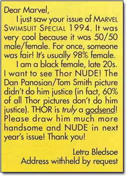 เรียน Marvel ฉันแค่ปัญหาของคุณที่เห็น MARVEL SWIMSUIT SPECIAL 1994 มันเท่มากเพราะ 50/ 50 เป็นชาย/หญิง ครั้งหนึ่งมีคนยุติธรรม! คุณ