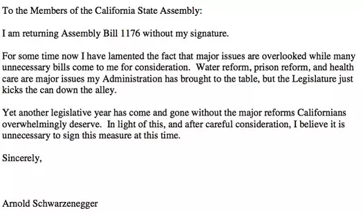 California osariigi assamblee liikmetele: tagastan assamblee seaduse eelnõu 1176 ilma oma allkirjata. Olen juba mõnda aega kurvastanud The fact th